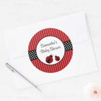 Red and Black Ladybug Striped Dots Baby Shower Classic Round Sticker ...