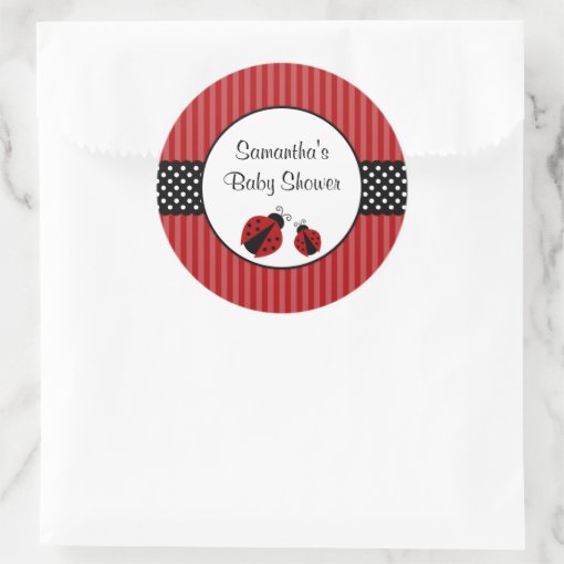 Red and Black Ladybug Striped Dots Baby Shower Classic Round Sticker ...