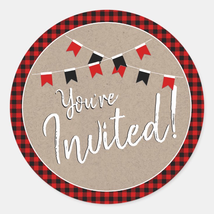 Red and Black Lumberjack Check You're Invited Classic Round Sticker ...