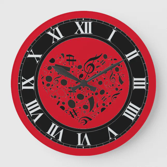 Red and Black Music Notes Heart Wall Clock | Zazzle