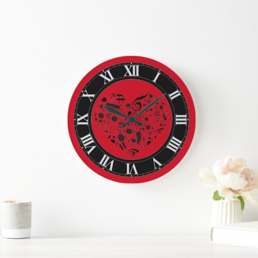 Red and Black Music Notes Heart Wall Clock | Zazzle