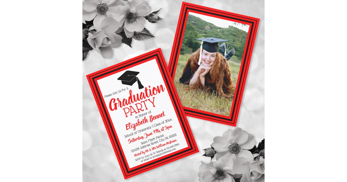 Red and Black Photo Graduation Party Invitation | Zazzle