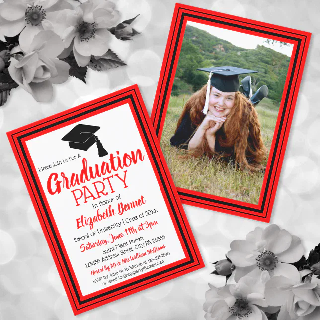 Red and Black Photo Graduation Party Invitation | Zazzle