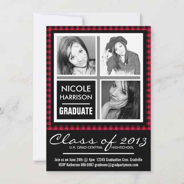 Red and Black Plaid Gingham 3 Photo Grad Party Invitation | Zazzle