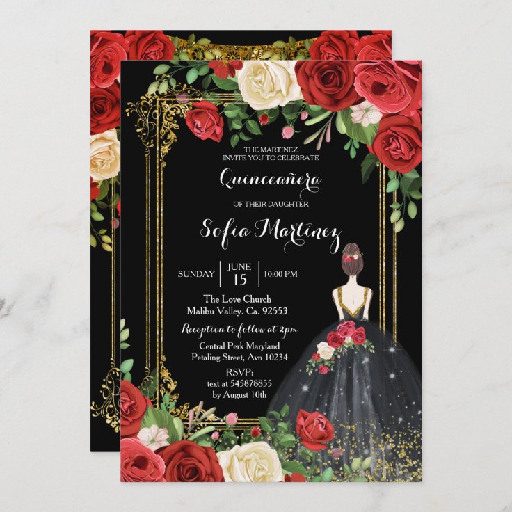 Red and Black Roses Mis Quince Invitation | Zazzle