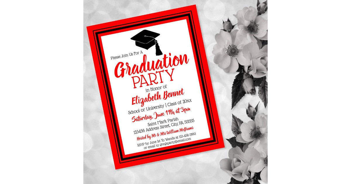 Red and Black School Colors Grad Party Invitation Postcard | Zazzle