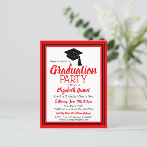 Red and Black School Colors Grad Party Invitation Postcard | Zazzle