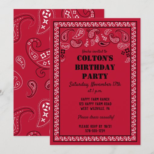 Red and Black Western Bandana Print Birthday Party Invitation | Zazzle