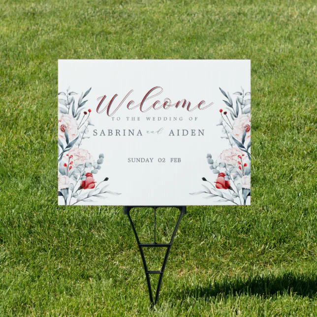 Red And Blue Flower Floral Wedding Welcome Yard Sign | Zazzle