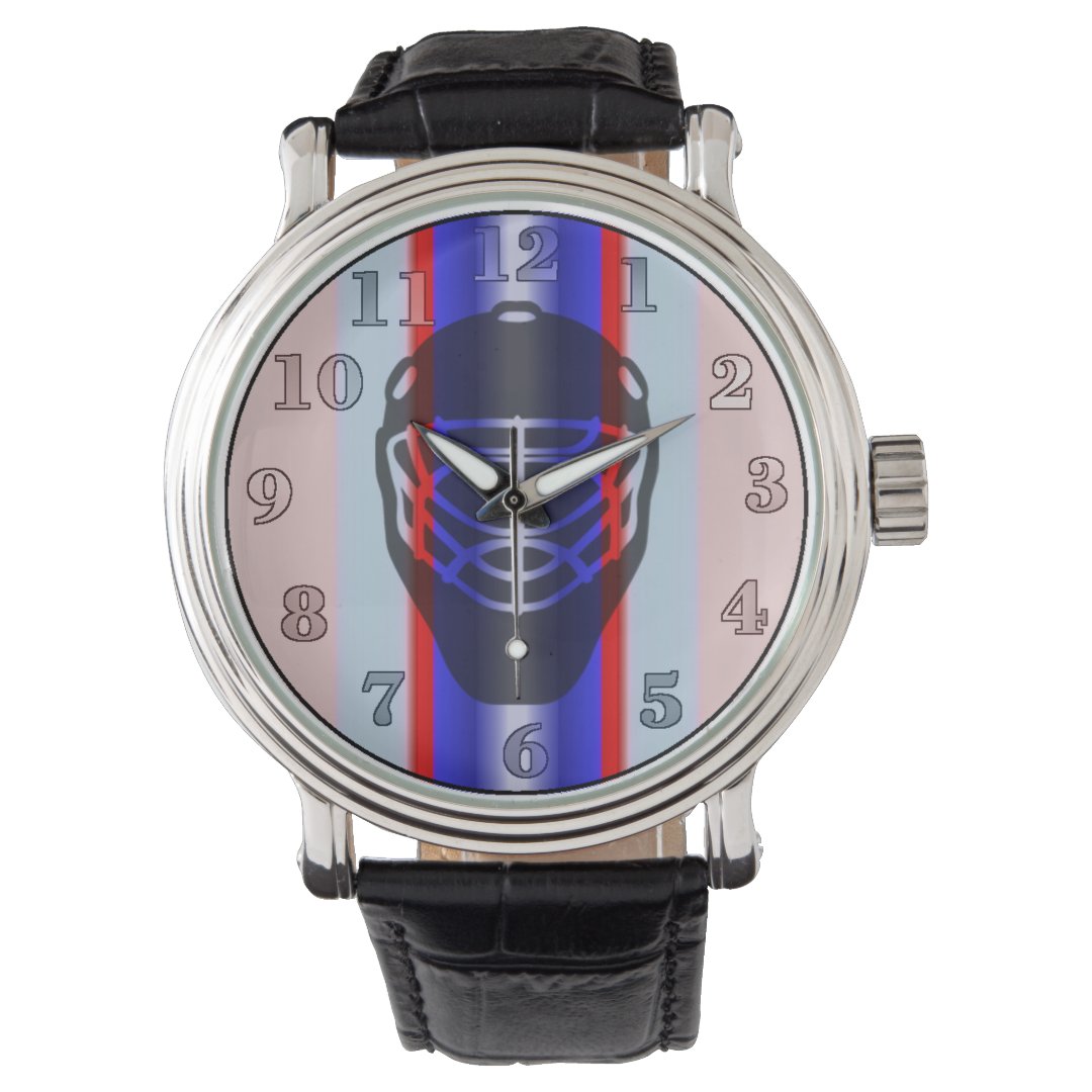 Red and Blue Goalie Mask Hockey Wrist Watch | Zazzle