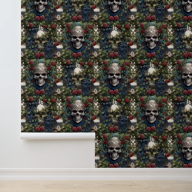 Red and Blue Gothic Skulls Roses Celtic Knotwork Wallpaper | Zazzle