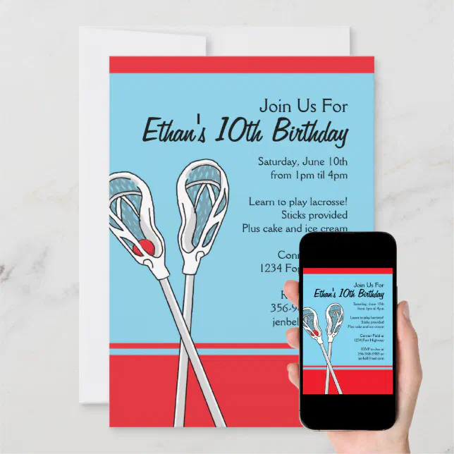 Red and Blue Lacrosse Themed Birthday Invitations. Invitation | Zazzle