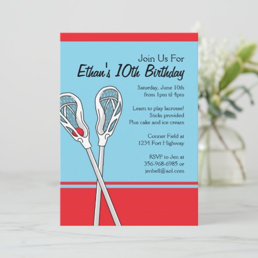 Red and Blue Lacrosse Themed Birthday Invitations. Invitation | Zazzle