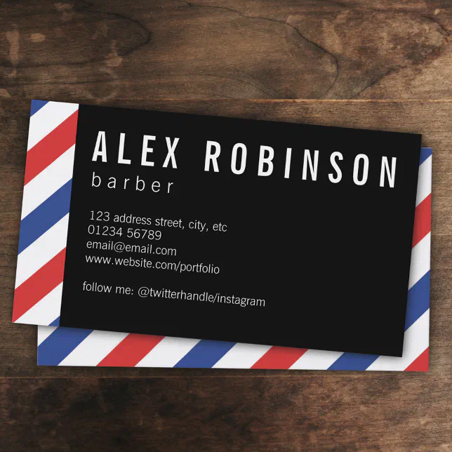 Red and blue stripe barber business card | Zazzle