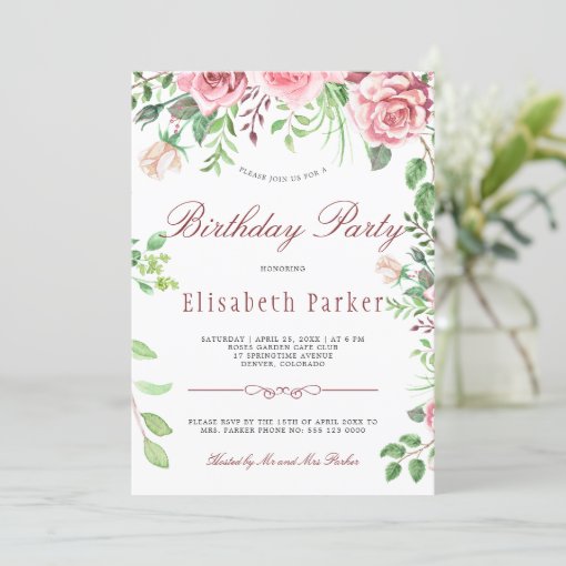 Red and Blush Pink Roses Garden Birthday Party Invitation | Zazzle