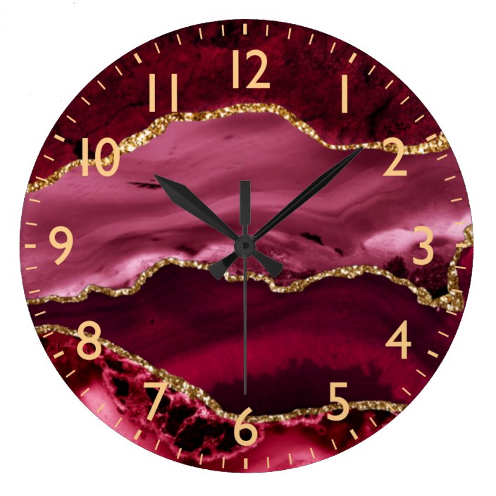 Red and Faux Gold Glitter Marble Agate Large Clock | Zazzle.com