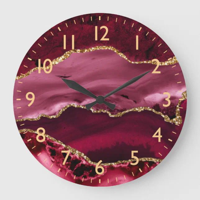 Red and Faux Gold Glitter Marble Agate Large Clock | Zazzle