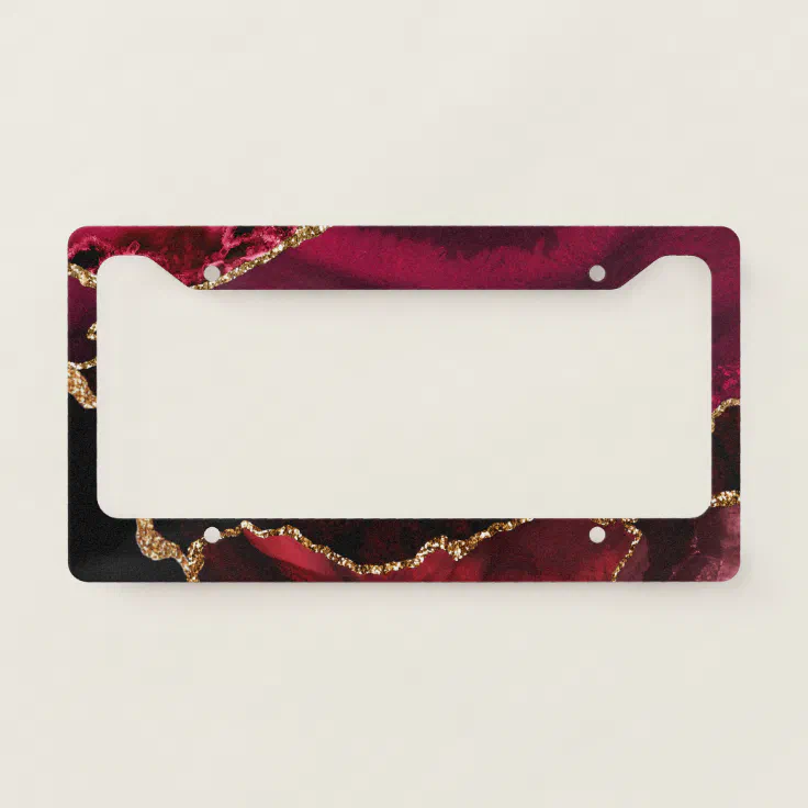 Red and Faux Gold Glitter Marble Agate License Plate Frame | Zazzle