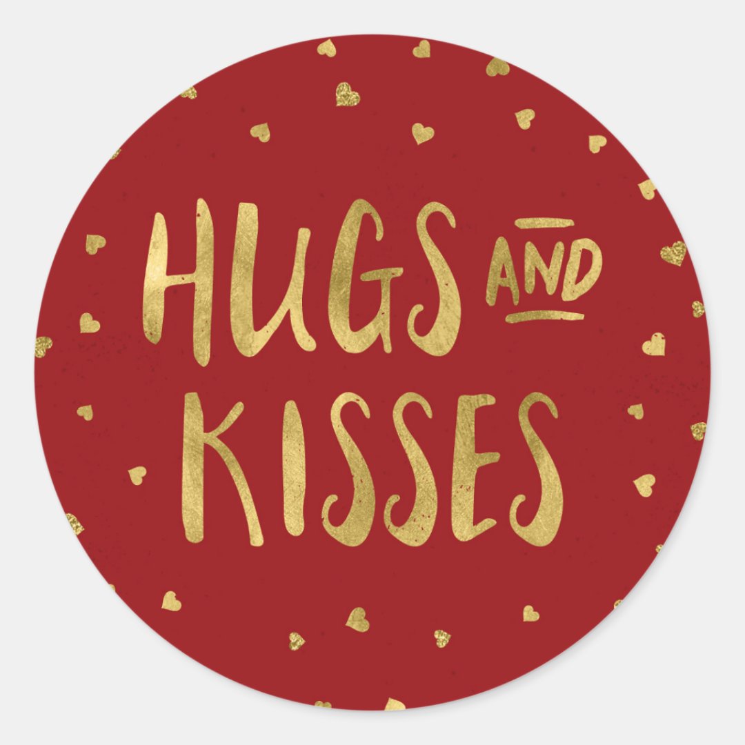 Red and Faux Gold Hugs & Kisses Hearts Valentine Classic Round Sticker ...