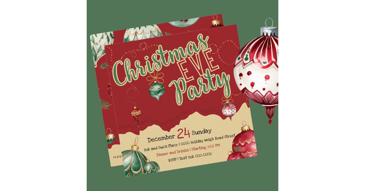 Red and Gold and Green Christmas Eve Ornaments Holiday Card | Zazzle