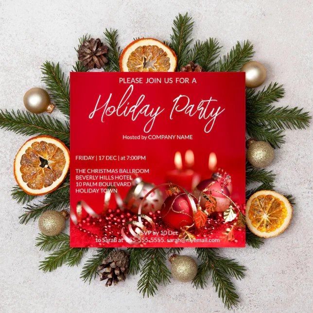 Red and gold baubles background Holiday Invitation | Zazzle