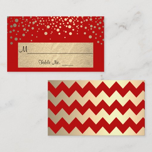 Red and Gold Chevron and Confetti Dots Place Card | Zazzle