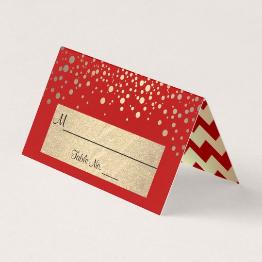 Red and Gold Chevron and Confetti Dots - Wedding Place Card | Zazzle.com