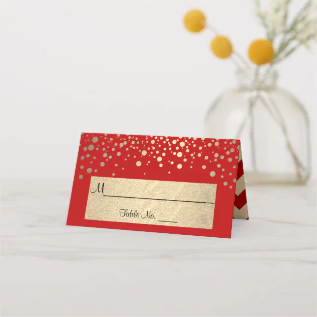 Red and Gold Chevron and Confetti Dots - Wedding Place Card | Zazzle
