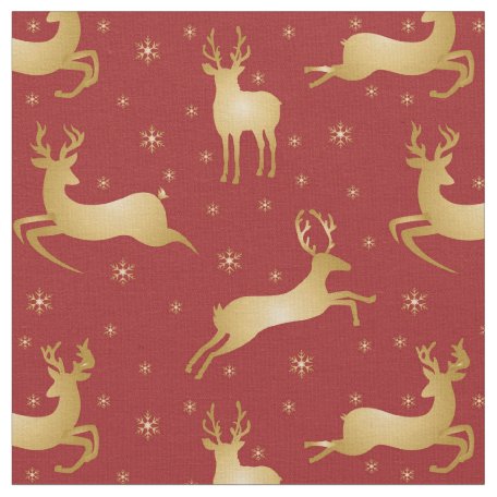 Christmas Reindeer Pattern Gold Red Fabric | Zazzle