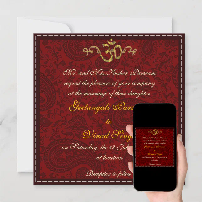 Red and gold damask brocade Hindu wedding Invitation | Zazzle