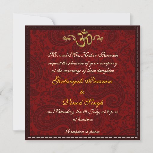 Red and gold damask brocade Hindu wedding Invitation | Zazzle