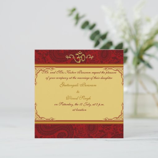 Red and gold damask brocade Hindu wedding Invitation | Zazzle