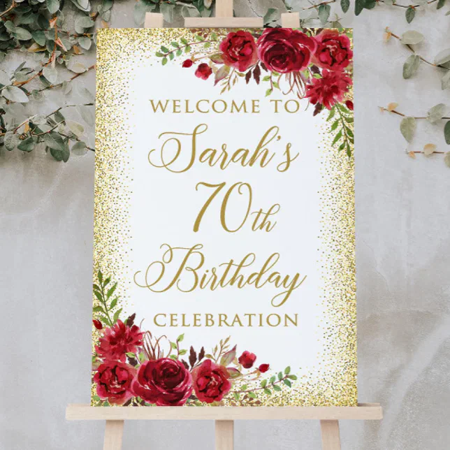 Red and Gold Floral 70th Birthday Welcome Sign | Zazzle