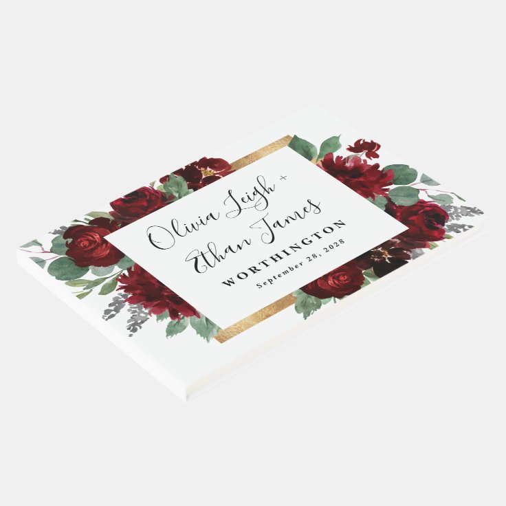 Red and Gold Floral Rustic Elegant White Wedding Guest Book | Zazzle