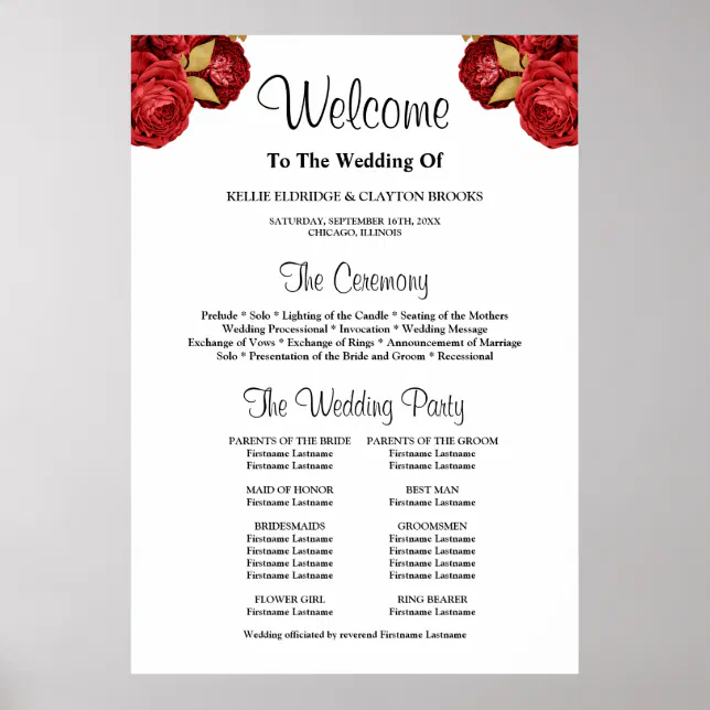 Red And Gold Floral Wedding Ceremony Program Sign | Zazzle