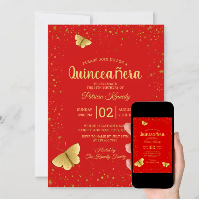 Red And Gold Glitter Butterfly Quinceanera Invitation | Zazzle