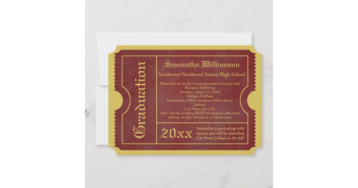 Red and Gold Graduation Ticket Invitations | Zazzle