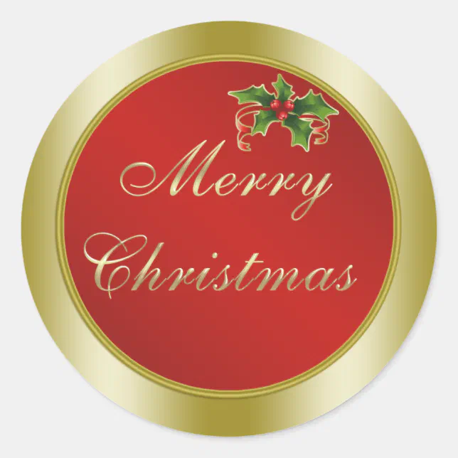 Red and Gold, Holly Merry Christmas Classic Round Sticker | Zazzle