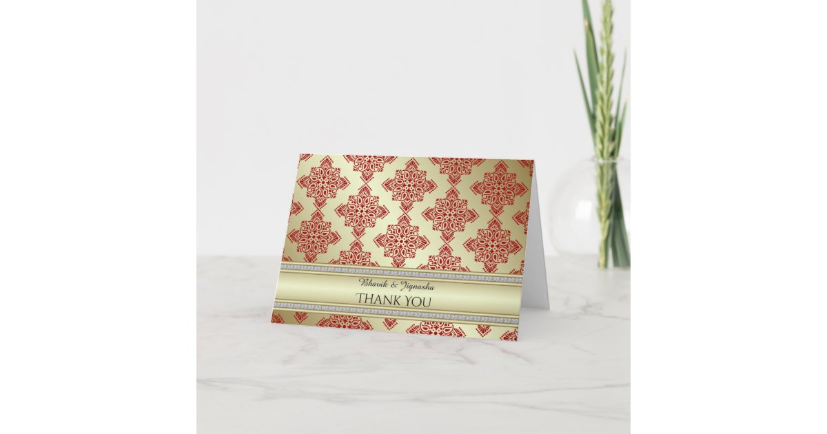 Red and Gold Indian Damask Thank You card | Zazzle