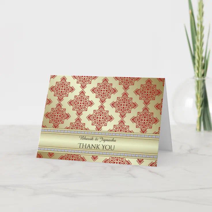 Red and Gold Indian Damask Thank You card | Zazzle