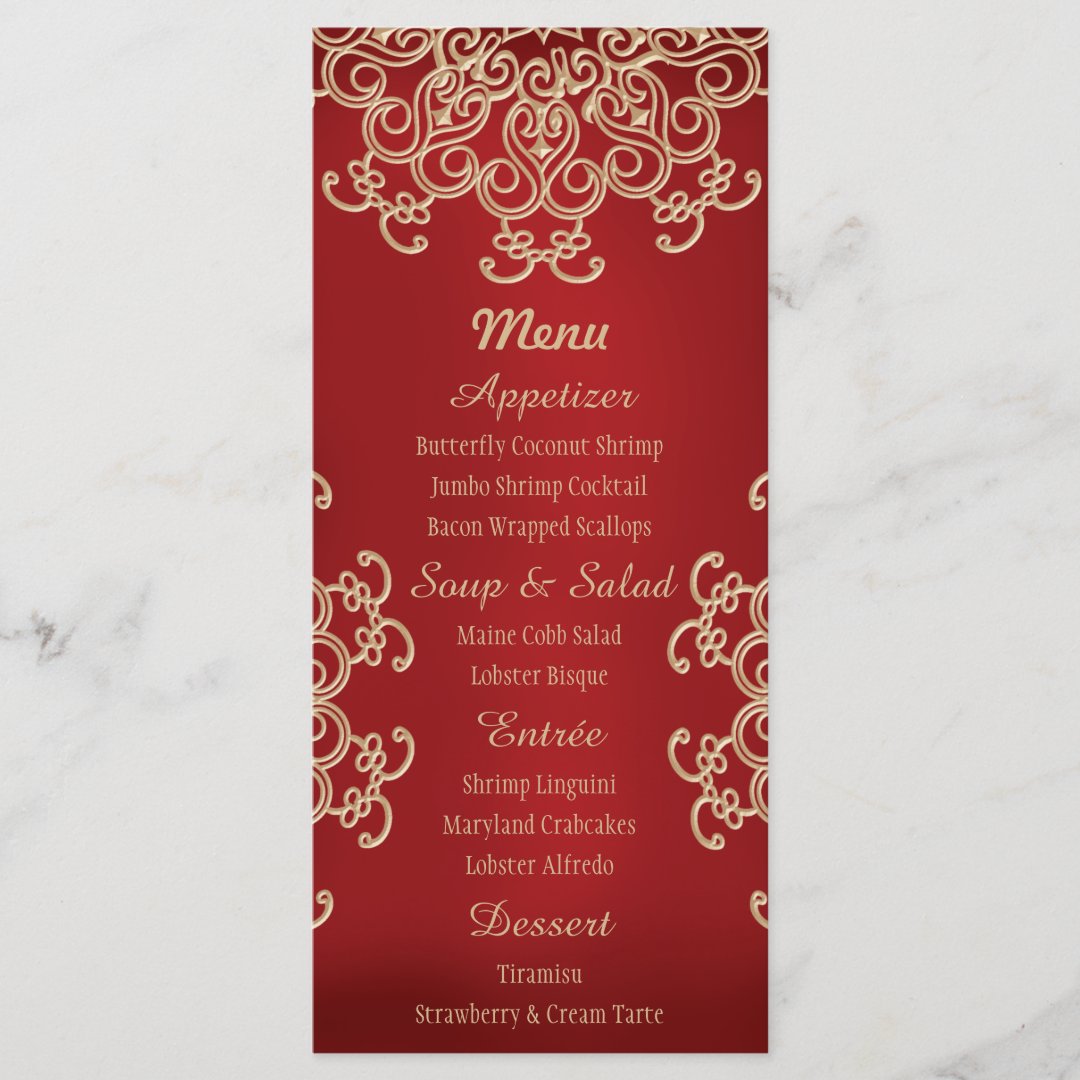 Red and Gold Indian Style Menu Cards | Zazzle