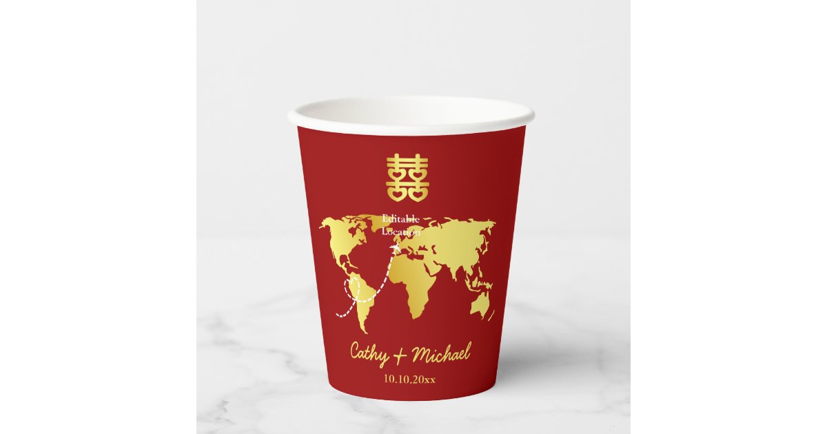 Red and gold map destination chinese wedding paper cups | Zazzle