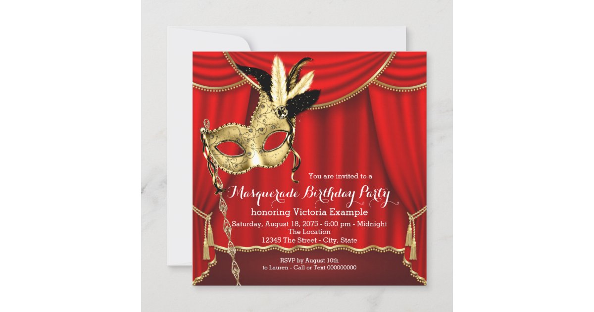 Red and Gold Masquerade Birthday Party Invitation | Zazzle