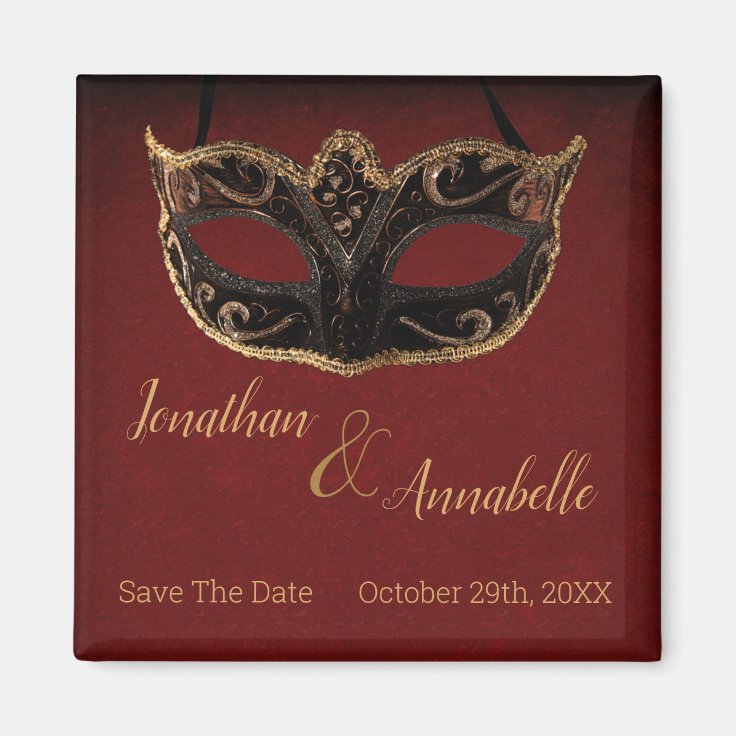 Red and Gold Masquerade Save The Date Magnet | Zazzle
