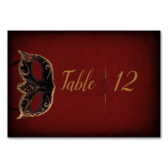 Red and Gold Masquerade Wedding Table Card | Zazzle