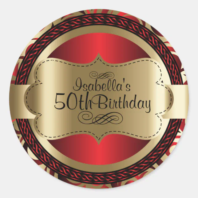 Red and Gold Swirl Abstract Birthday Classic Round Sticker | Zazzle