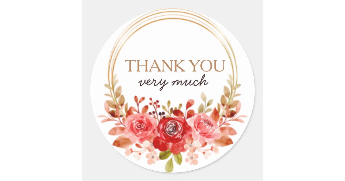Red and gold thank you floral leaves sticker | Zazzle