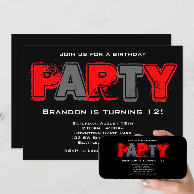 Red and Gray Grunge Birthday Party Invitation | Zazzle