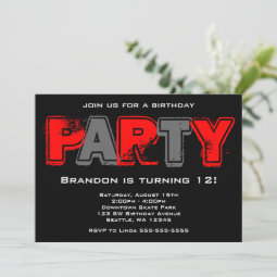 Red and Gray Grunge Birthday Party Invitation | Zazzle