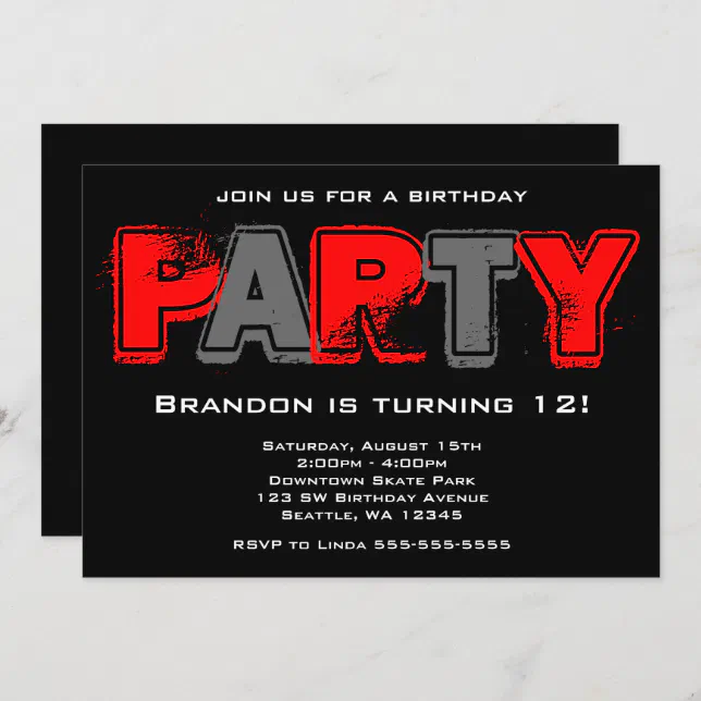 Red and Gray Grunge Birthday Party Invitation | Zazzle